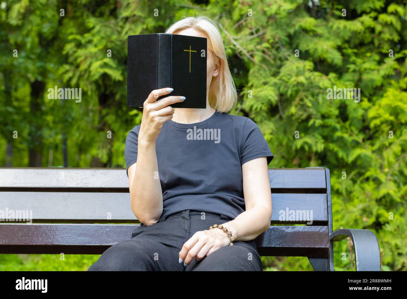 woman reading the bible sitting on a bench. woman reading the bible on ...