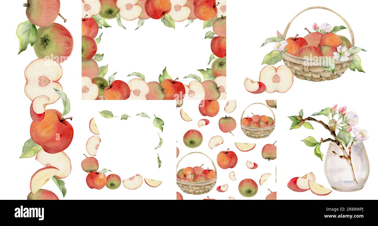 Hand drawn watercolor set with frames, wreaths and compositions. Apple ...