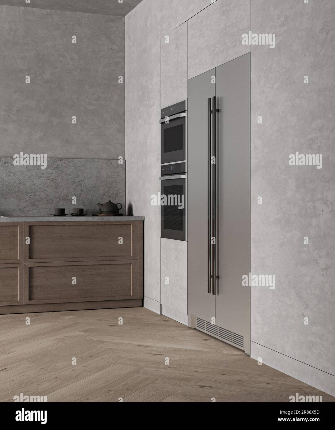 Scandinavian kitchen interior design with refrigerator and oven ...