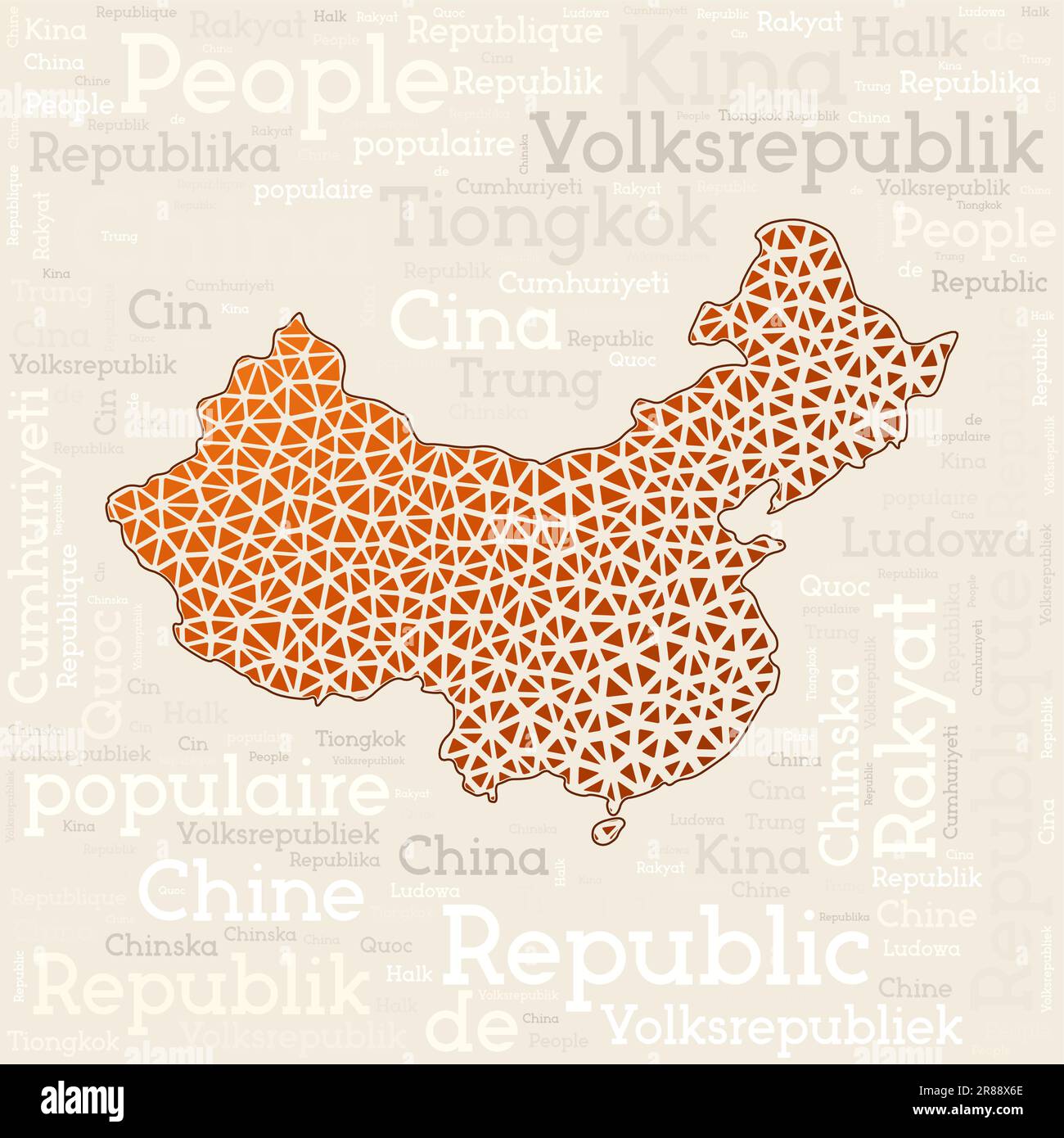 China map design. Country names in different languages and map shape ...