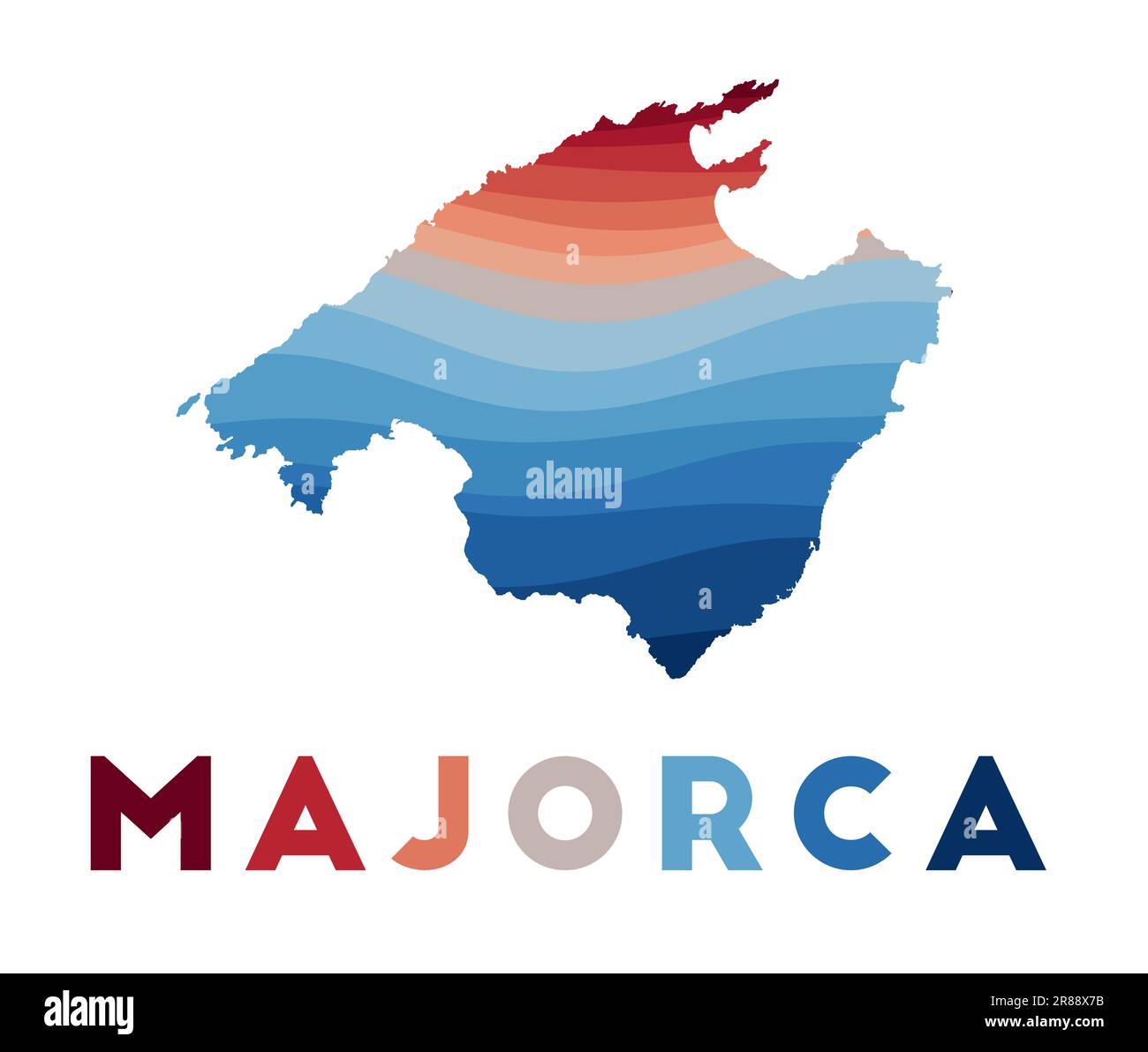 Majorca map. Map of the island with beautiful geometric waves in red ...