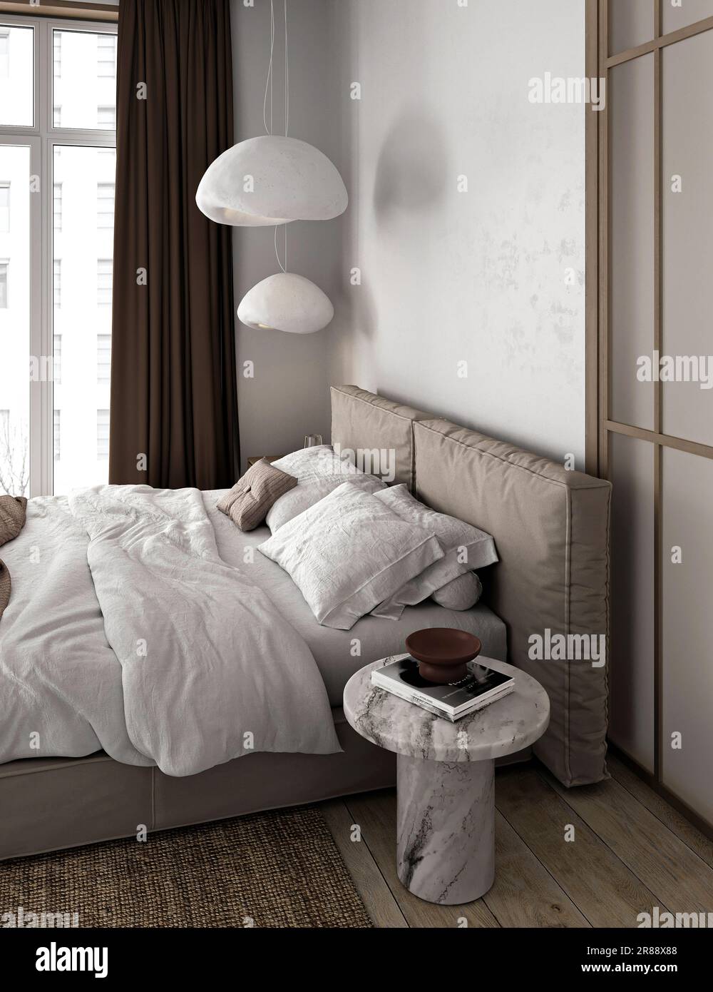 Minimal japenese bedroom interior. Bed with blanket and pillows, carpet ...