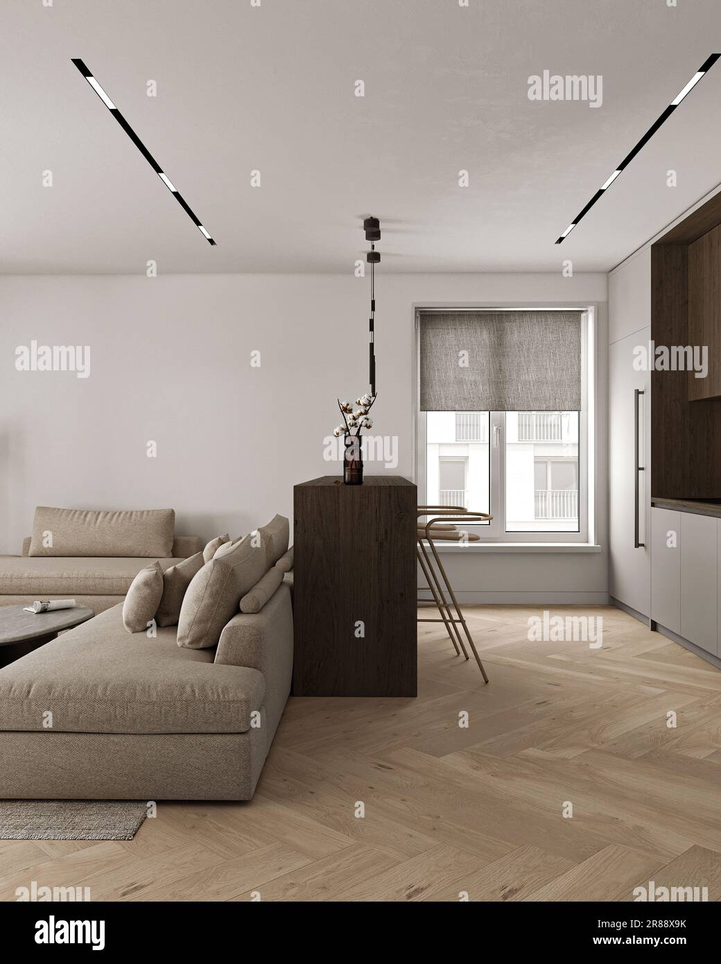 Japandi Modern Minimalist Style Living Room With Kitchen Interior
