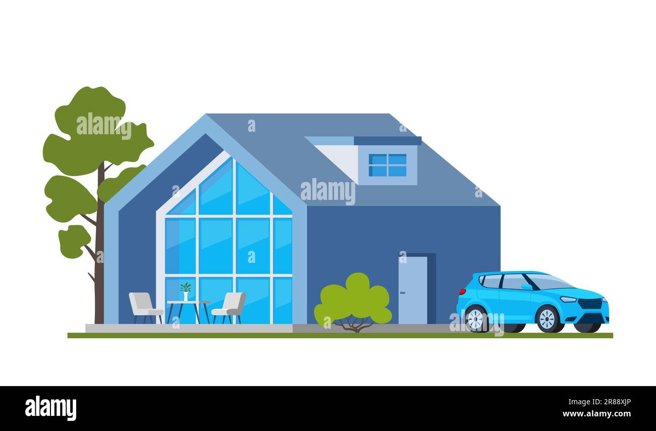 Beautiful modern house with car. Luxury villa exterior, country cottage ...