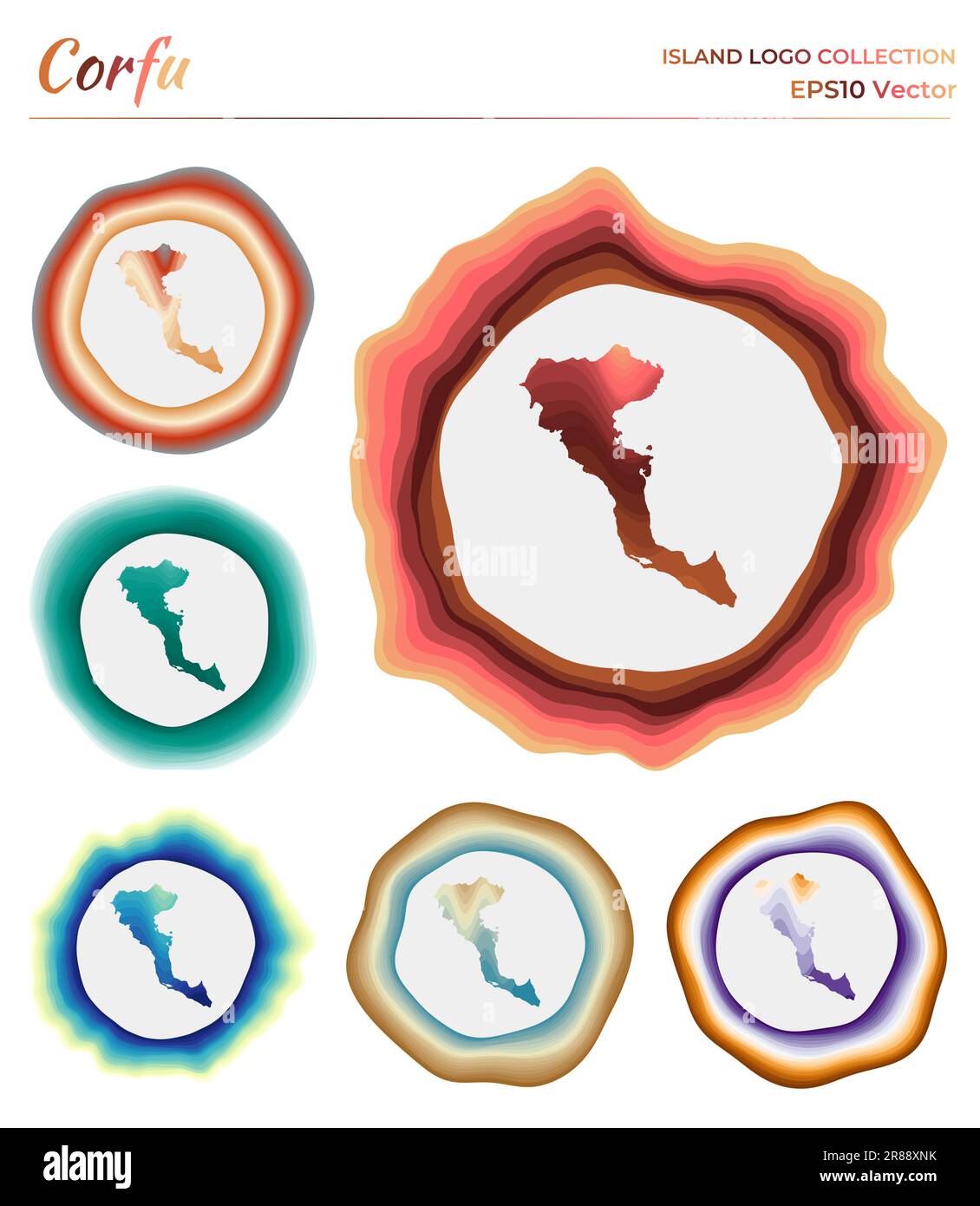 Corfu logo collection. Colorful badge of the island. Layers around ...