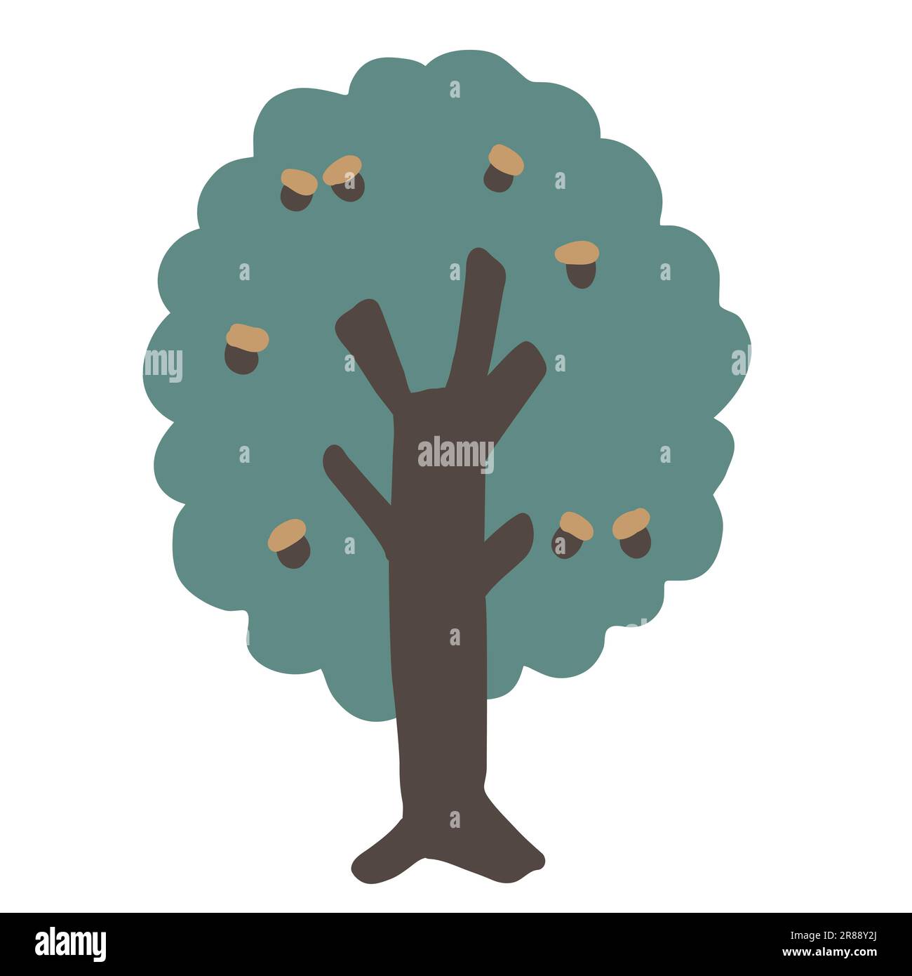 Oak tree icon in doodle cartoon style isolated on white. Forest hand ...