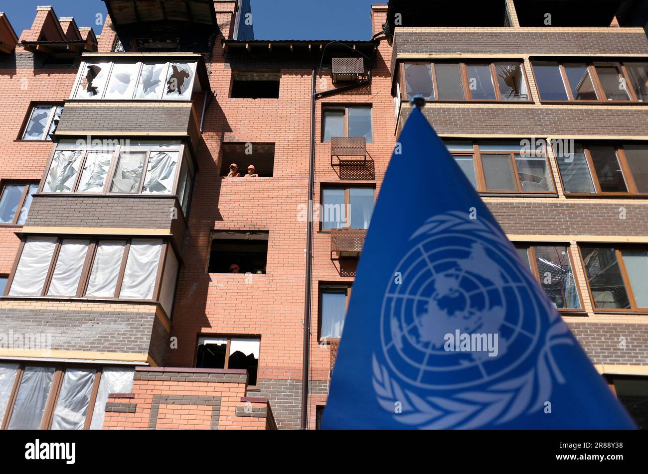 IRPIN, UKRAINE - JUNE 17, 2023 - A UN miniature flag is pictured during ...