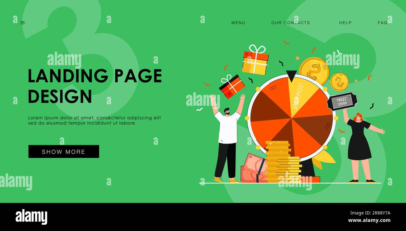 Lucky people winning prize draw standing near fortune wheel Stock ...