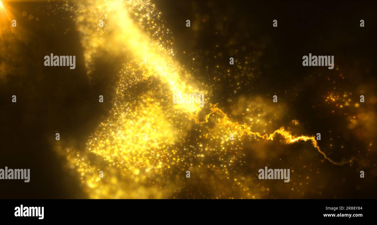 Abstract background of orange yellow fiery flying energy particles of ...