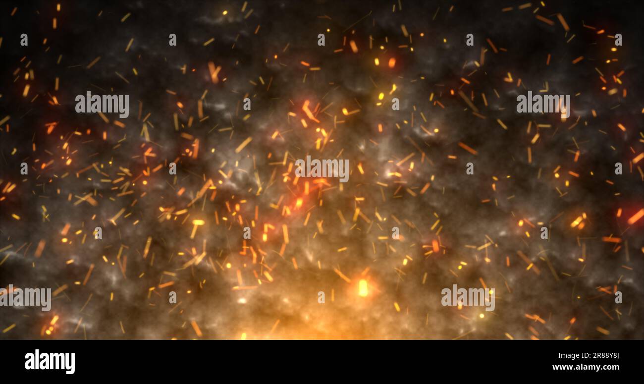 Abstract orange glowing smoke from campfire and flying bright sparks ...