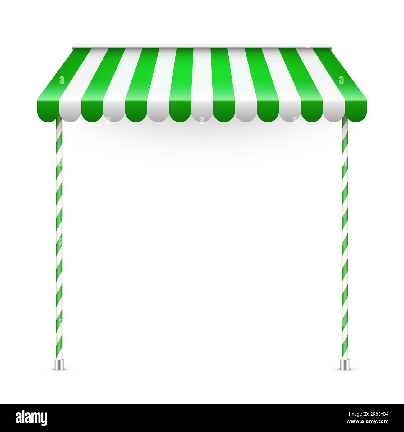 Green shop sunshade with stand holders. Realistic striped cafe awning ...