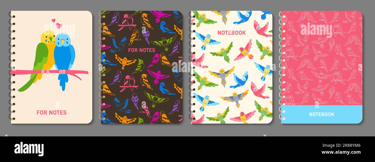 Parrot tropical cartoon trendy notebook cover set. Summer bright exotic ...