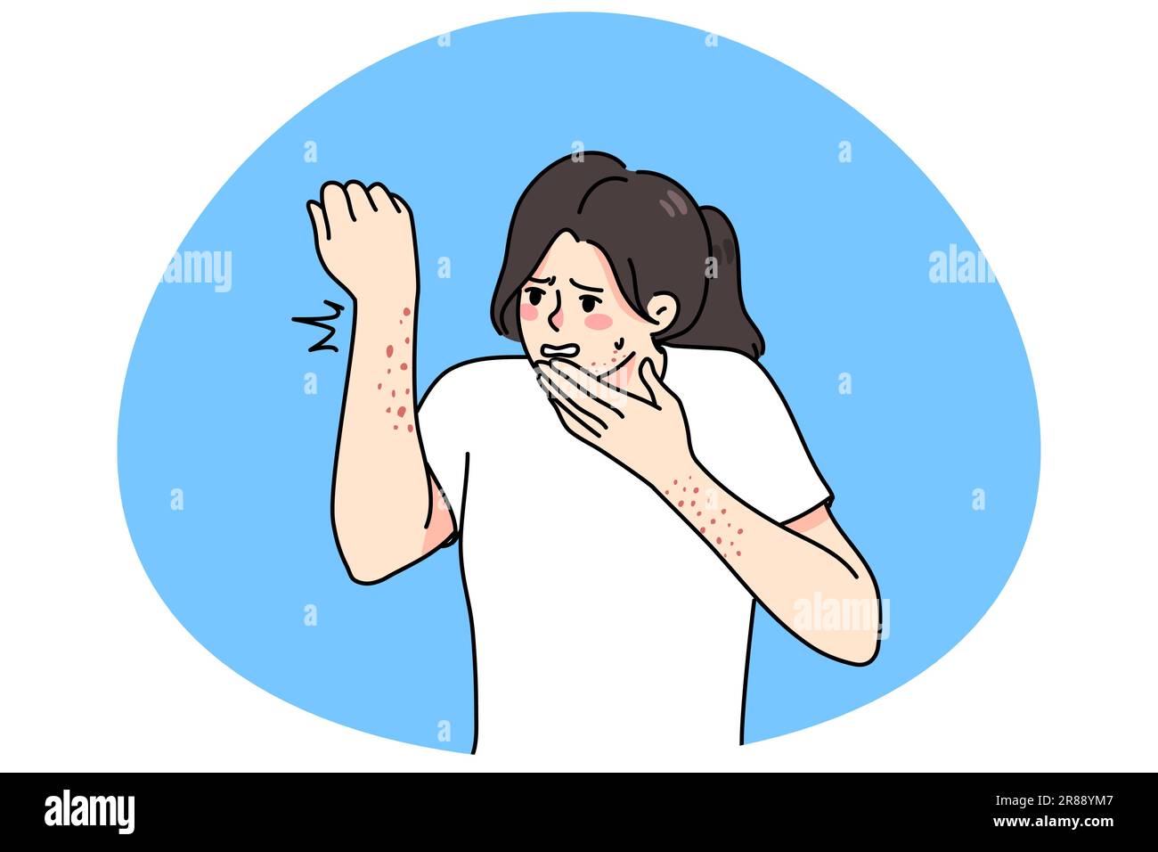 Confused Young Woman Frustrated With Red Spots Or Marks On Body