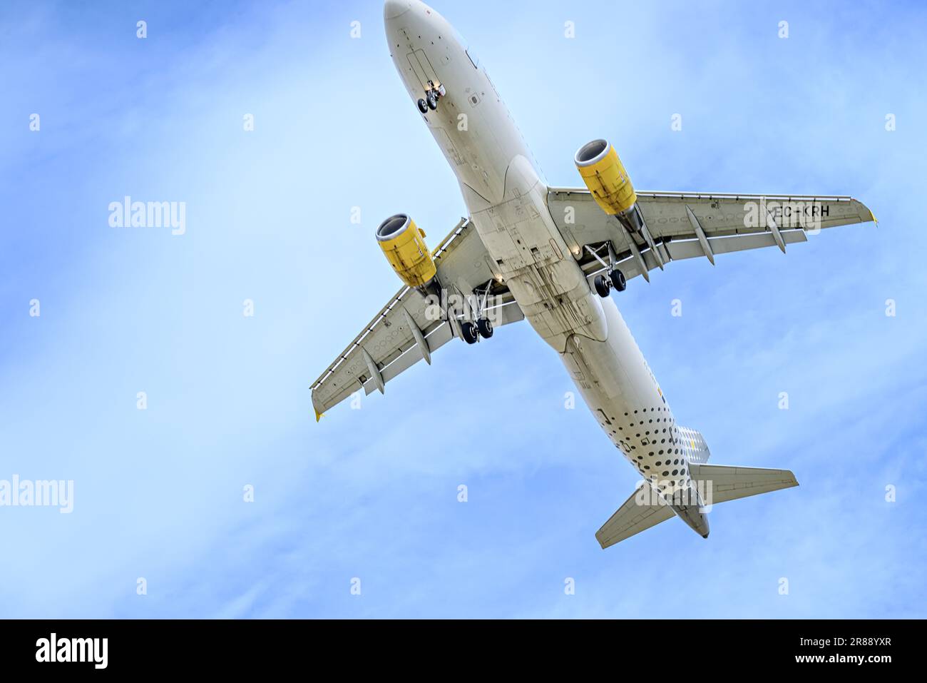 Barcelona, Spain; April 10, 2023: Vueling Airbus A320 plane, landing at ...