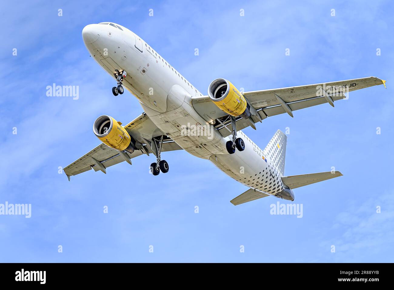 Barcelona, Spain; April 10, 2023: Vueling Airbus A320 plane, landing at ...