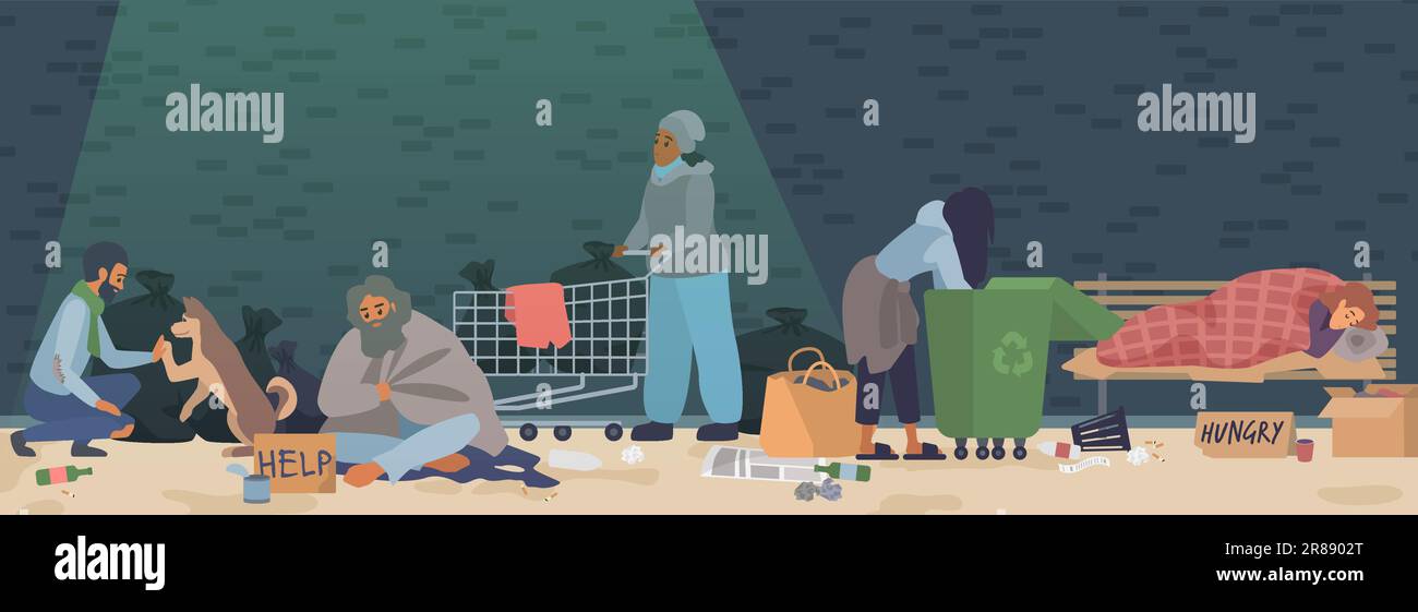 Homeless poor people on city street or park vector illustration ...