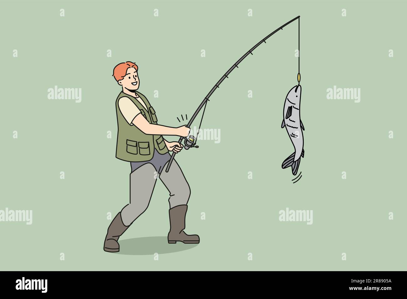 Smiling fisherman in uniform catching fish on rod. Happy male fisher in ...