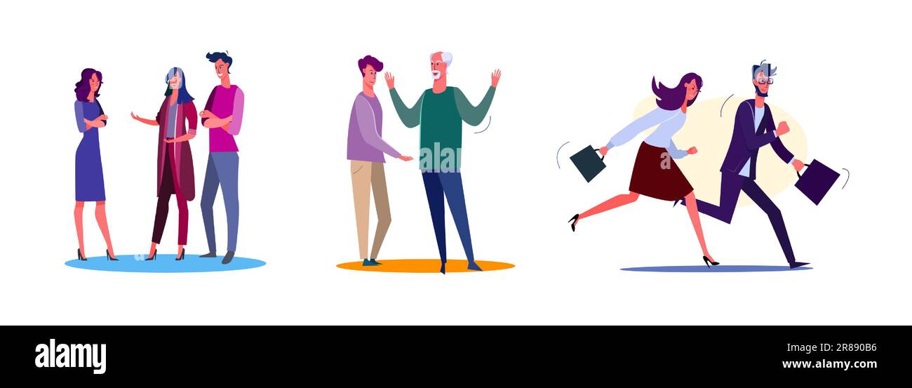 Set of office staff discussing and managing project in rush Stock ...