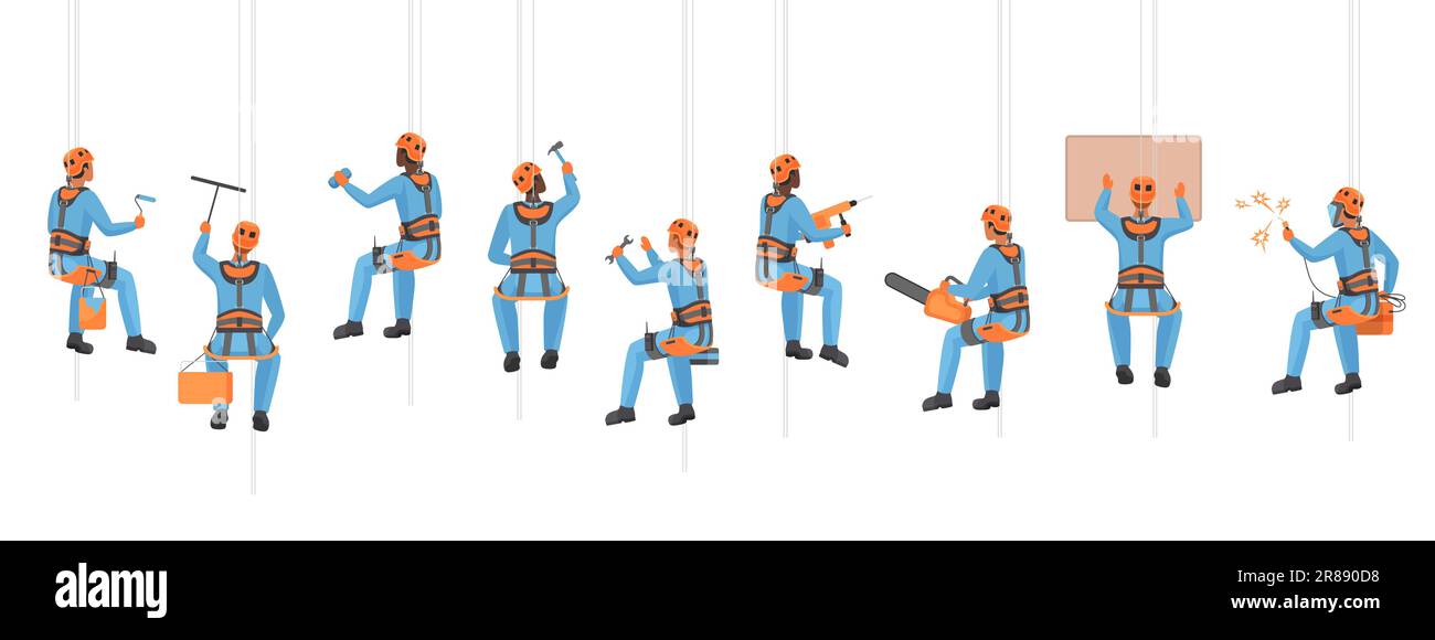 Construction and maintenance workers hanging on harness set vector ...