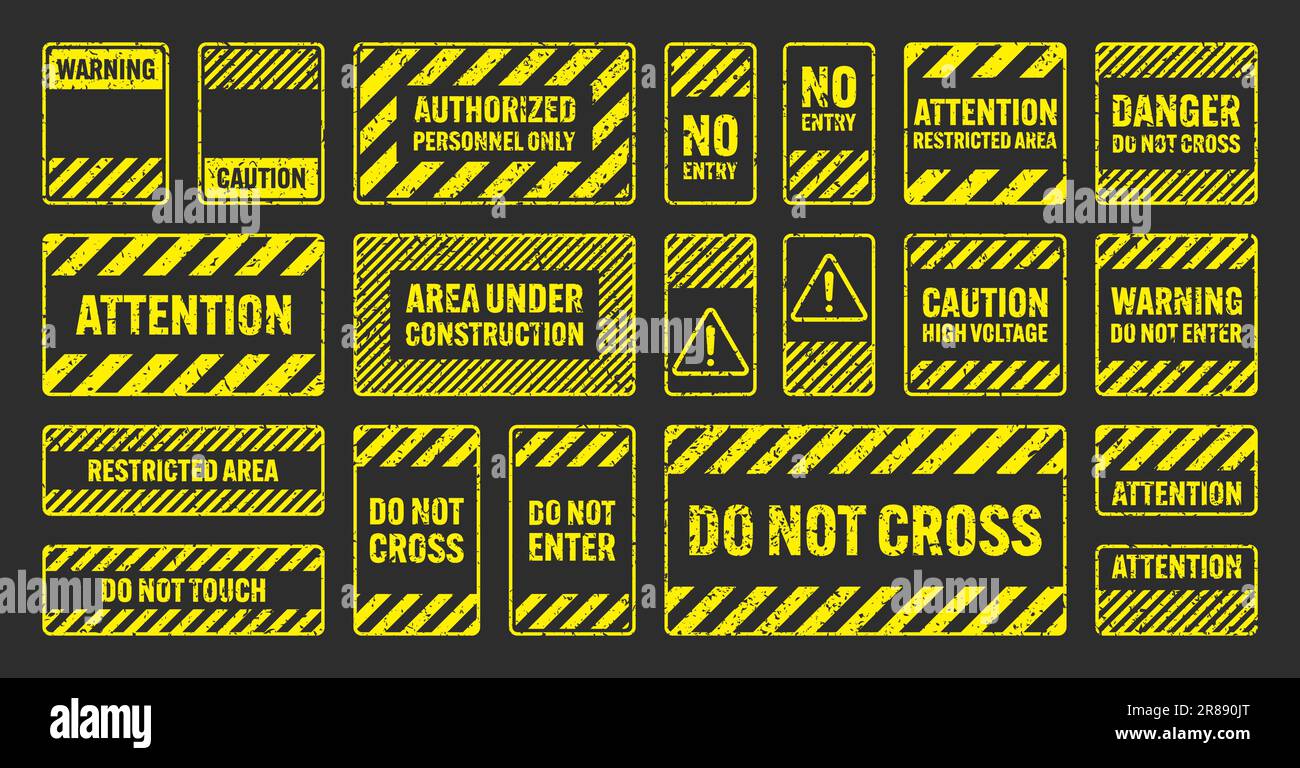 Various yellow grunge warning signs with diagonal lines. Old attention ... Various yellow grunge warning signs with diagonal lines. Old attention ...