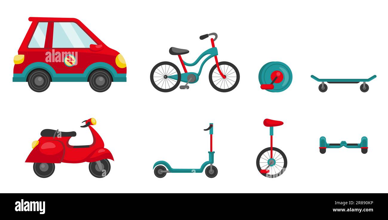 Different kinds of personal transport vector illustrations set Stock ...