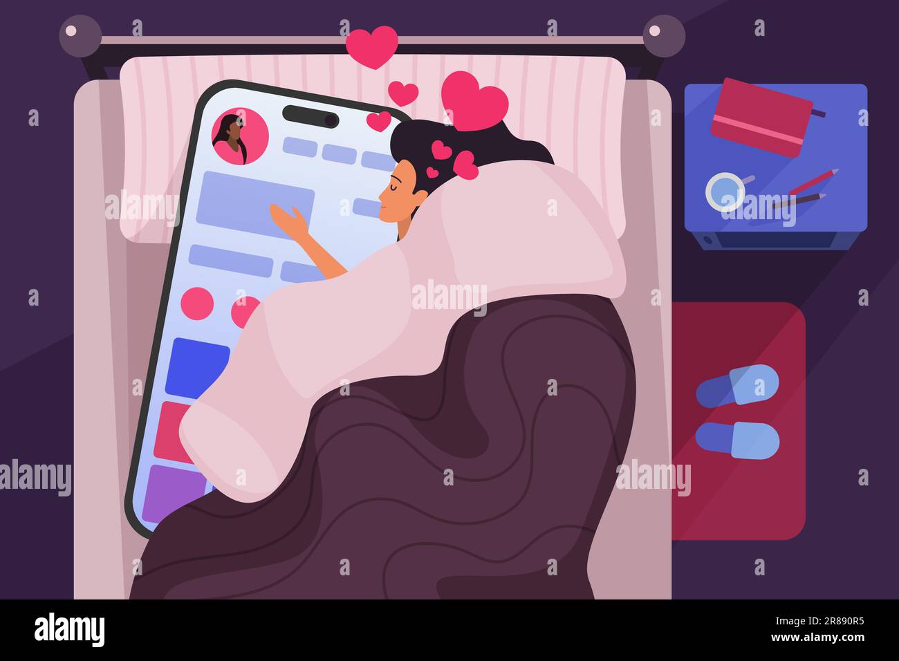 Addicted girl using phone at night, insomnia and bad habits vector ...