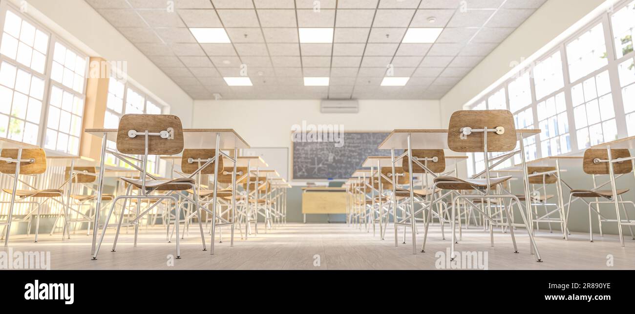 3d render school classroom with no one in it, horizontal format Stock ...