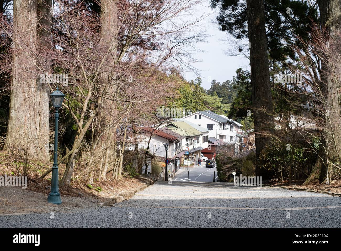 View towards the town from the Daimon Gate, Koyasan, Japan Stock Photo ...