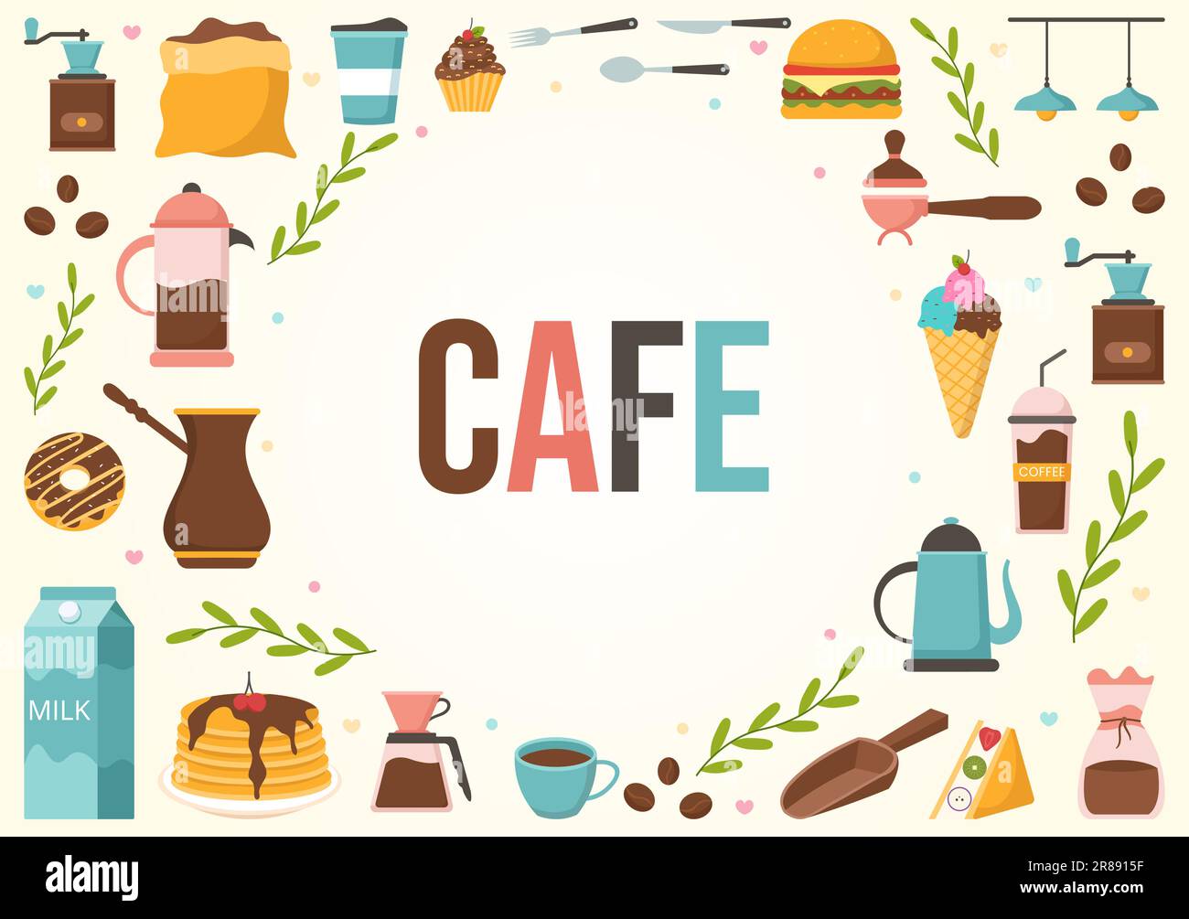 Cafe Vector Illustration of Interior with Bar stand, Table and ...