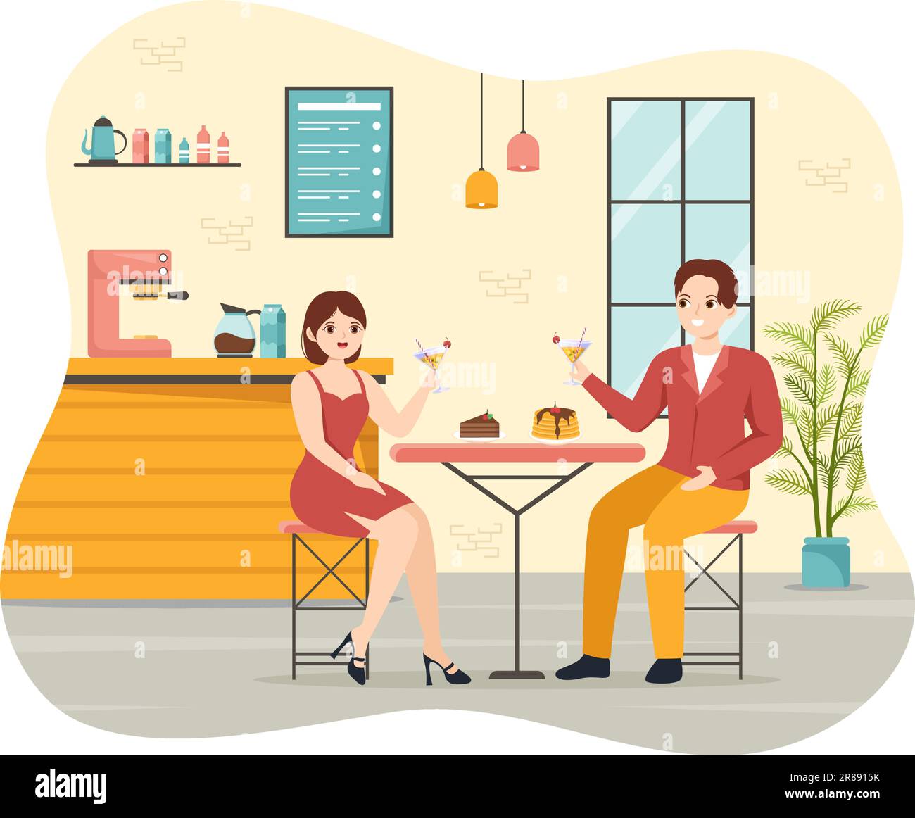 Cafe Vector Illustration of Interior with Bar stand, Table and ...