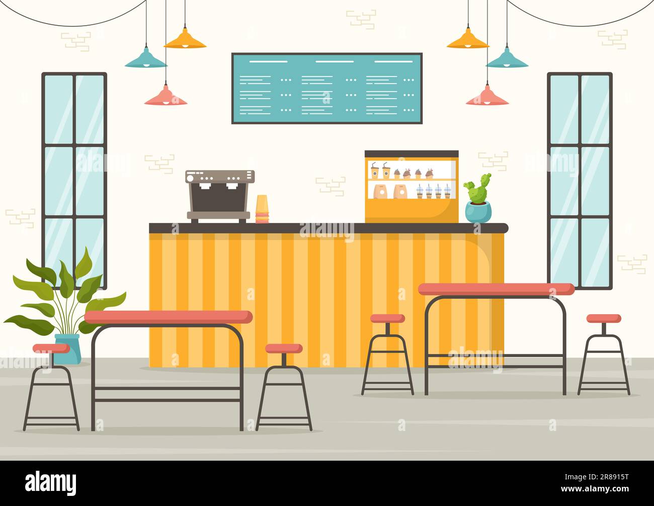 Cafe Vector Illustration of Interior with Bar stand, Table and ...