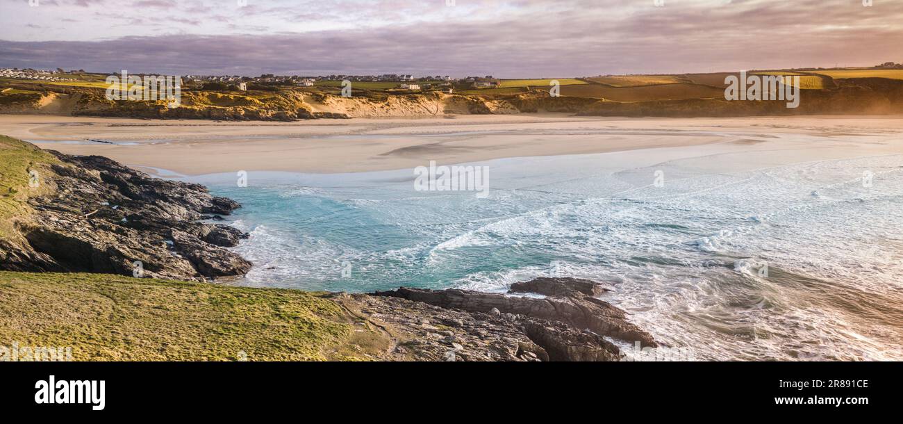 A spectacular panoramic aerial view of the incoming tide at Crantock ...