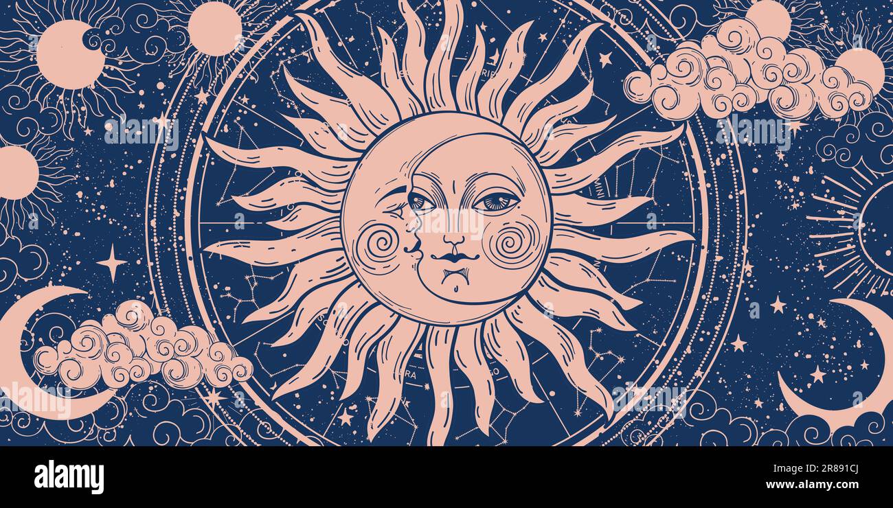 Tarot banner, zodiac sign template, sun and moon with face on blue ...