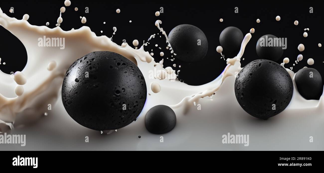 Bubble milk tea with tapioca balls splashing against black background ...