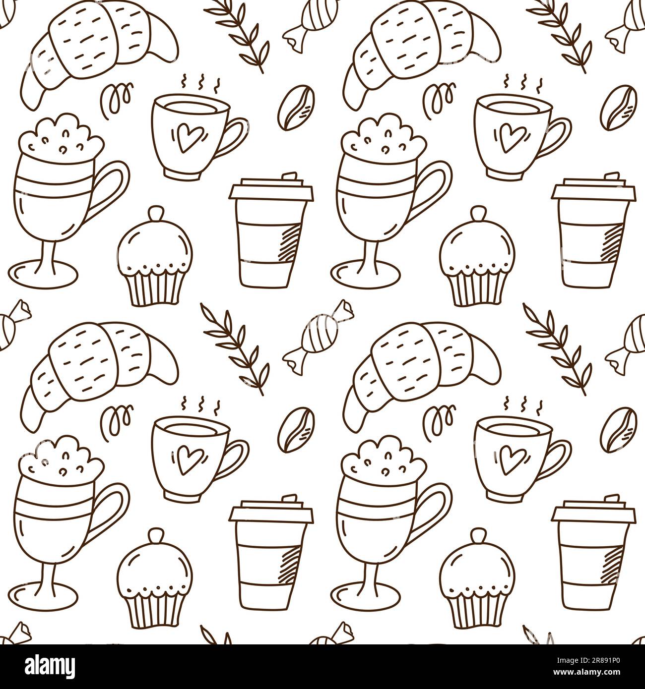 Seamless pattern of coffee, vector background. Flat line icons - cake ...