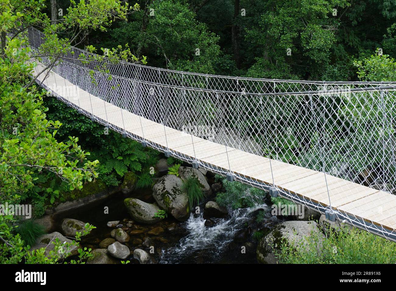 Pedestrian suspension bridge over river in Mondego pathways, Guarda ...