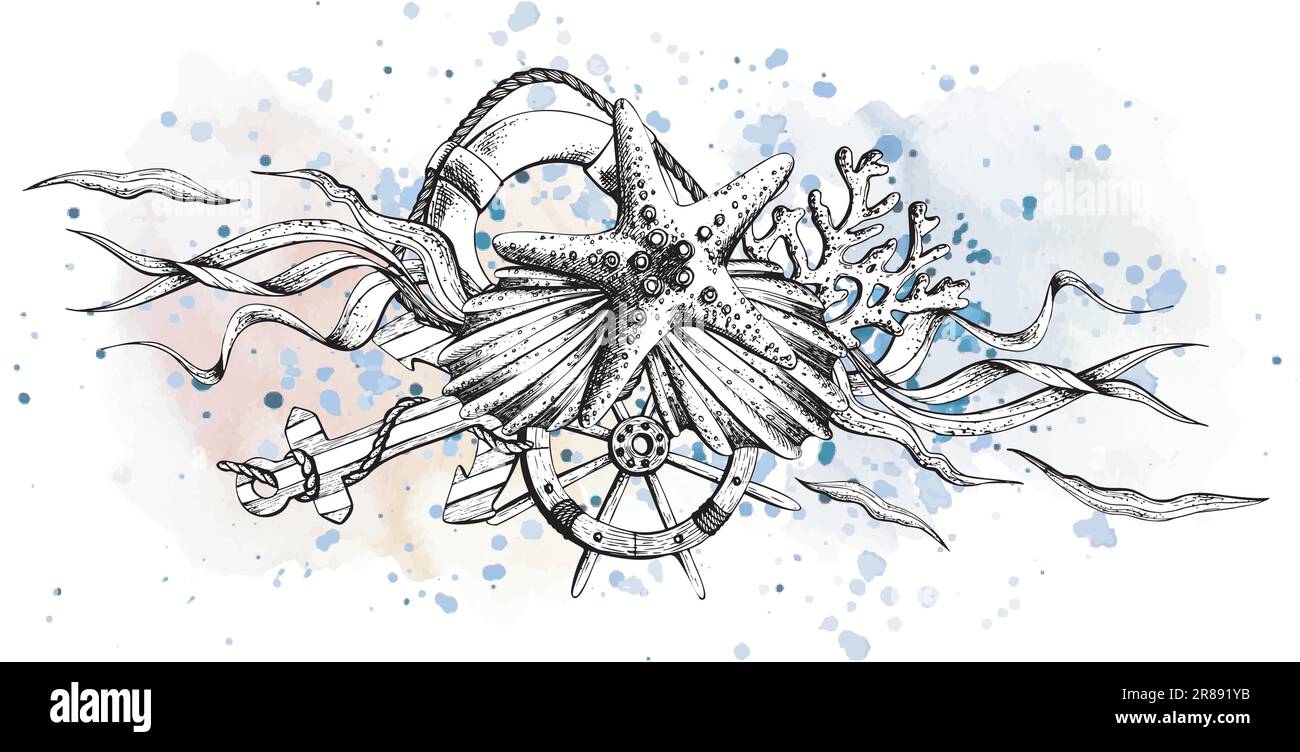 Marine animals with anchor, rudder and lifebuoy. Illustration of hand ...