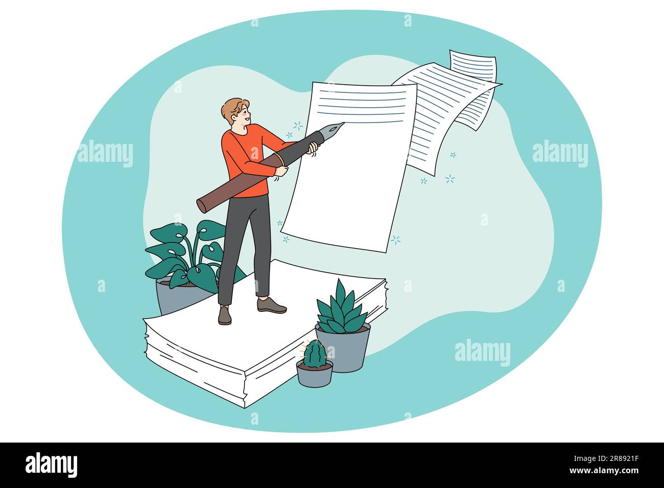 Male writer with huge pen writing on paper finishing fiction book. Man ...