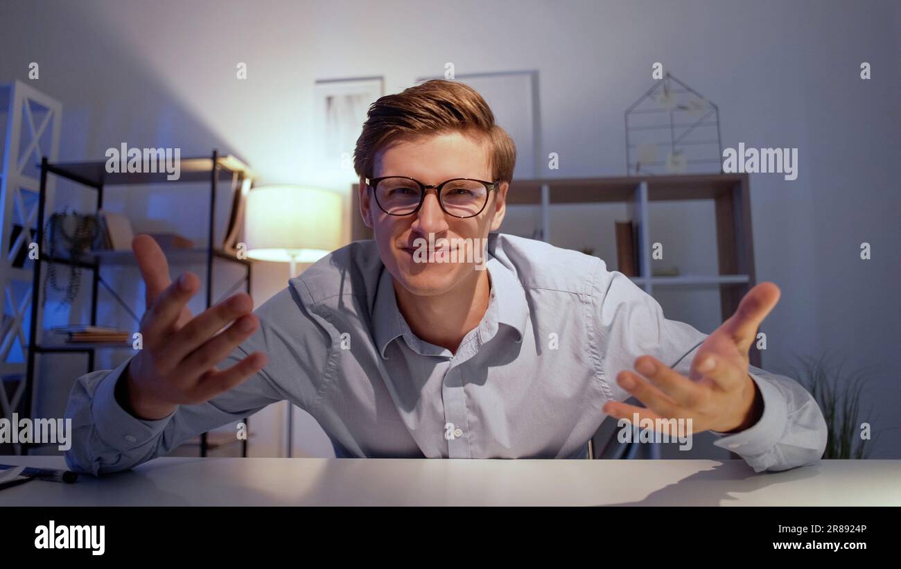 Online conference inspired man video review smart Stock Photo - Alamy