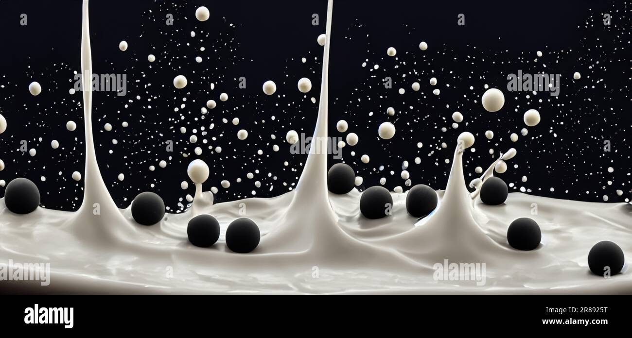 Bubble milk tea with tapioca balls splashing against black background ...