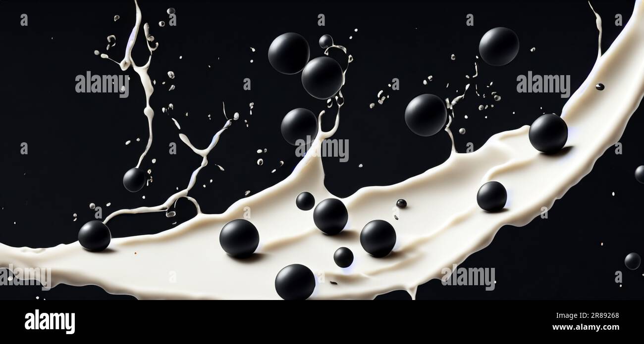 Bubble milk tea with tapioca balls splashing against black background ...