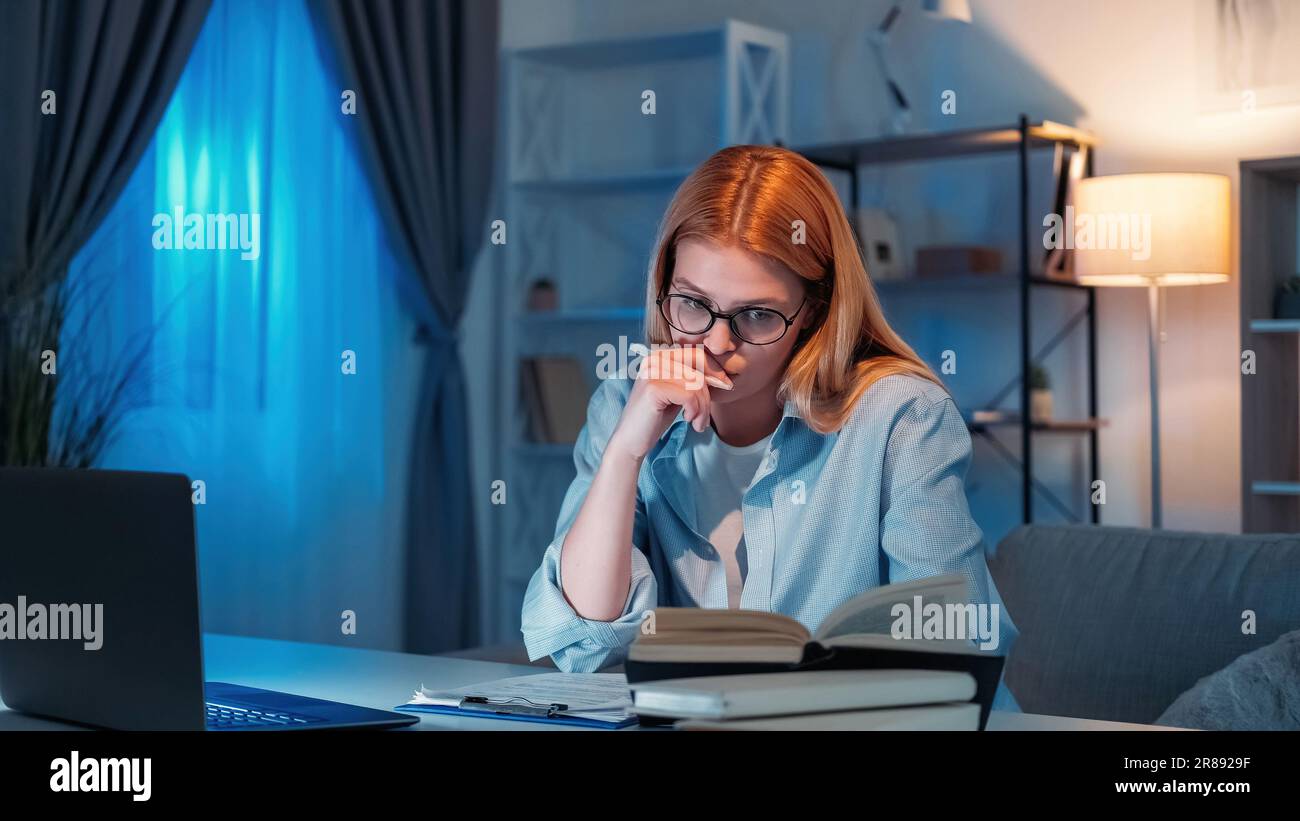 Late study busy female student research woman Stock Photo - Alamy