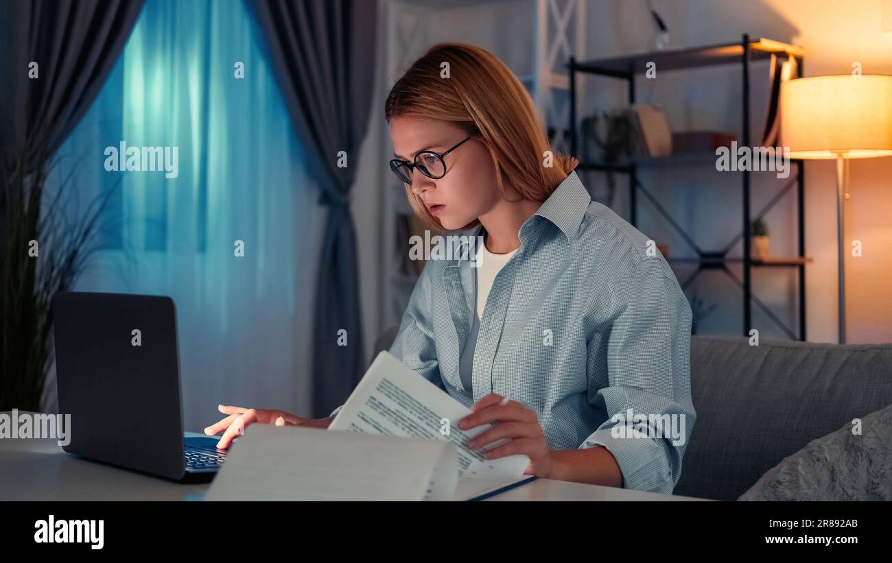 Late work busy woman online research concentrated Stock Photo - Alamy