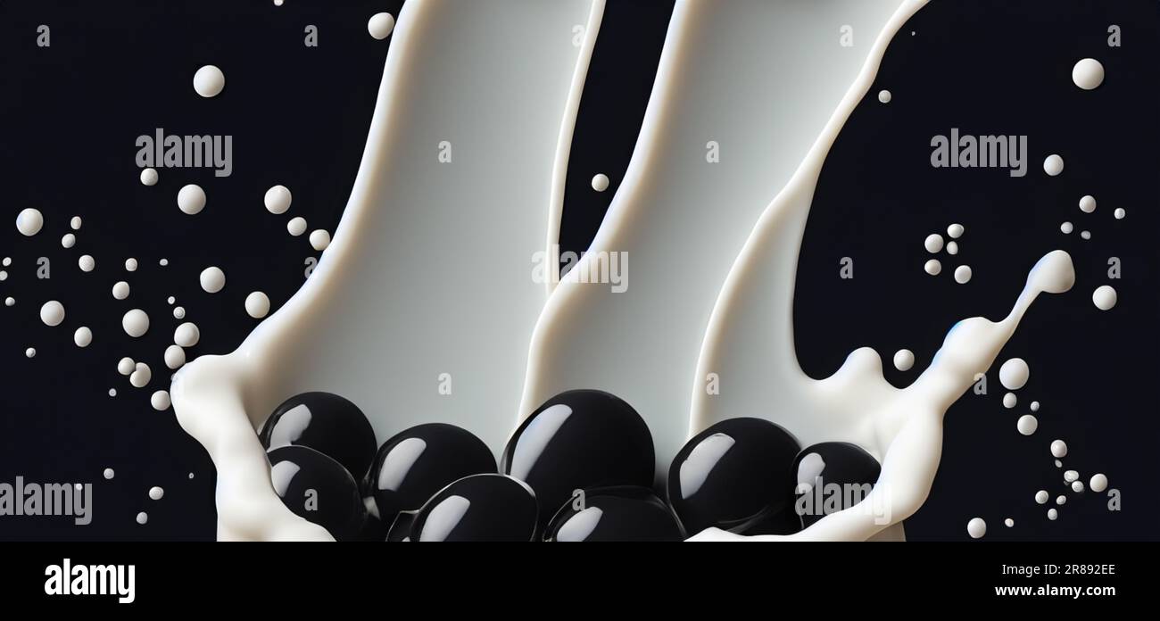 Bubble milk tea with tapioca balls splashing against black background ...