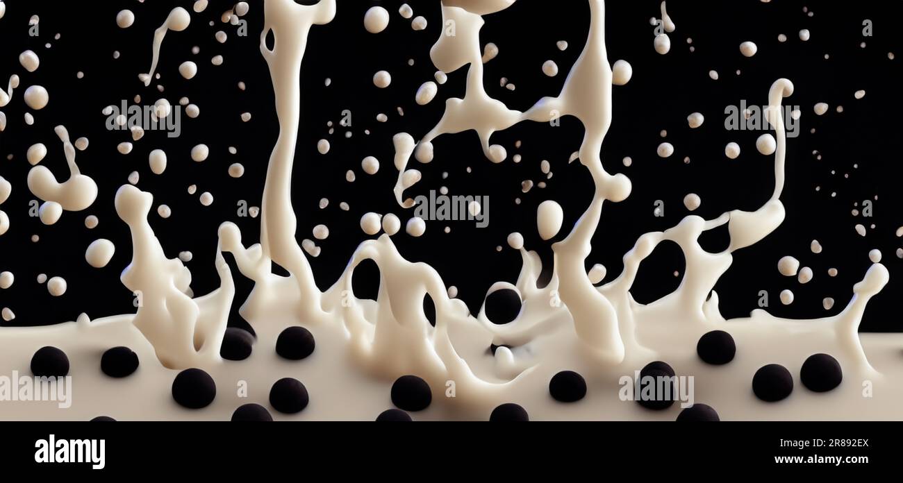 Bubble milk tea with tapioca balls splashing against black background ...