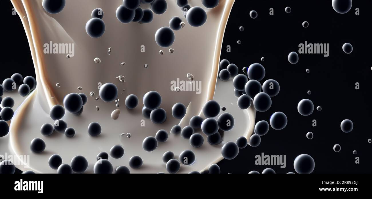 Bubble milk tea with tapioca balls splashing against black background ...