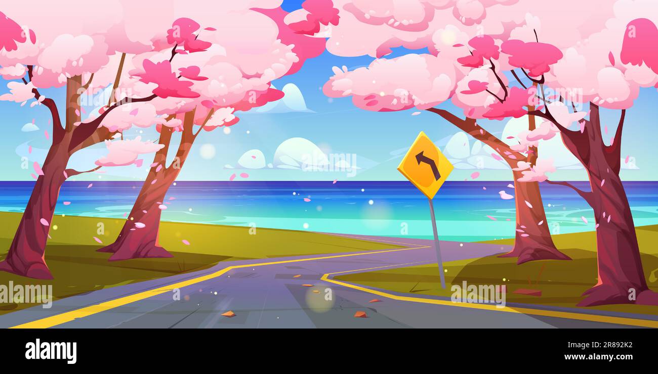 Sea landscape with road, green fields and sakura trees. Spring scene of ...