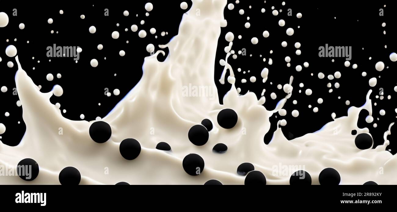 Bubble milk tea with tapioca balls splashing against black background ...