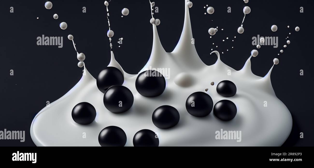 Bubble milk tea with tapioca balls splashing against black background ...