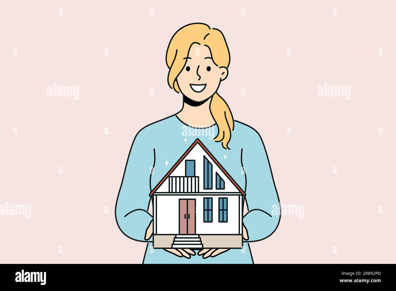 Smiling woman broker holding house maquette in hands selling to ...